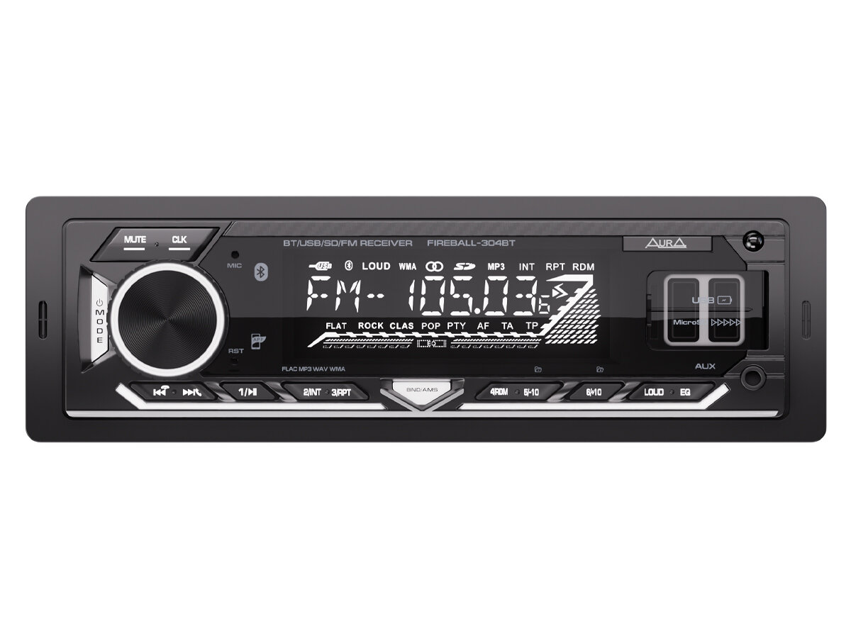 Автомагнитола AurA FIREBALL-304BT, USB/SD-ресивер, 4х36w, FLAC, 2xUSB/BT, APP, 1 RCA, 12/24V, белая подсветка