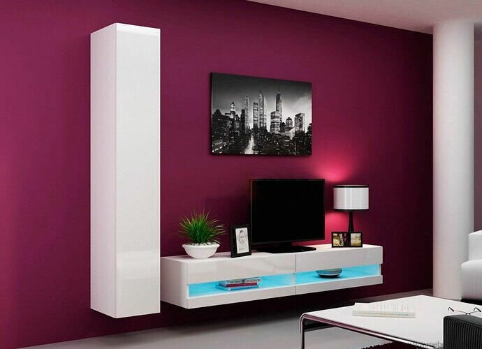 Стенка в гостиную "Виго нью 9" 220х200х42, белый / белый глянец