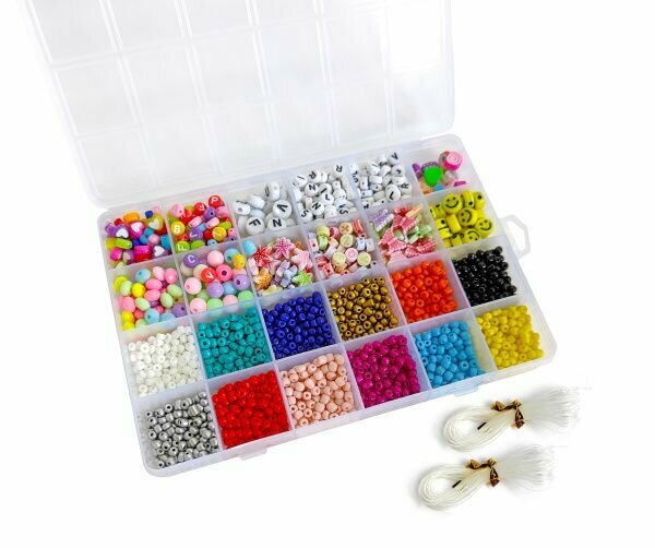 Набор для бисероплетения и рукоделия на 24 ячейки(12 бисера+12 бусинок) + нить-резинка.(192ммХ130мм)