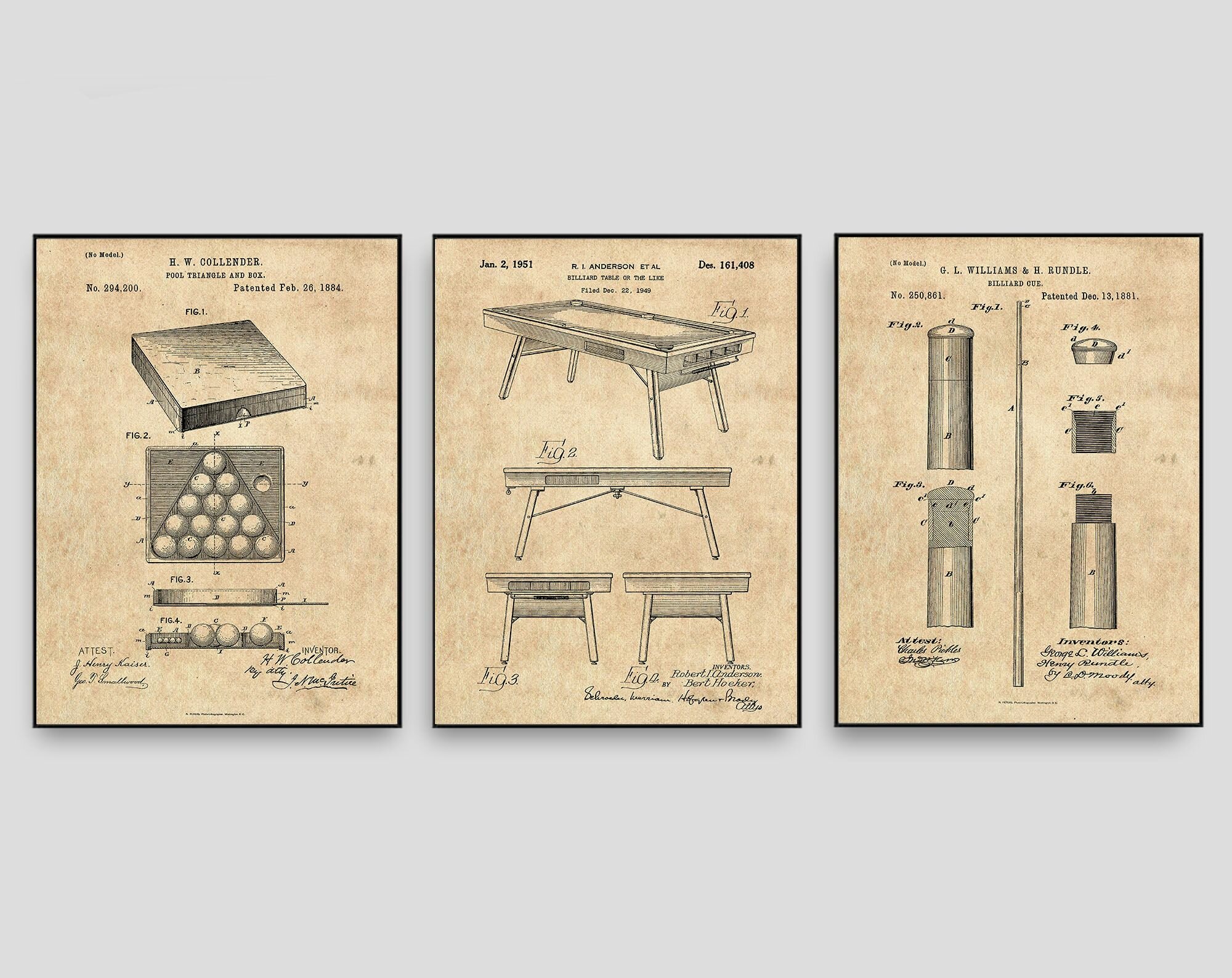 Набор постеров со старинными патентами для игры в бильярд "Кий, шары и бильярдный стол" размер А4, без рамы. 3 репродукции винтаж патентов в подарок тренеру.