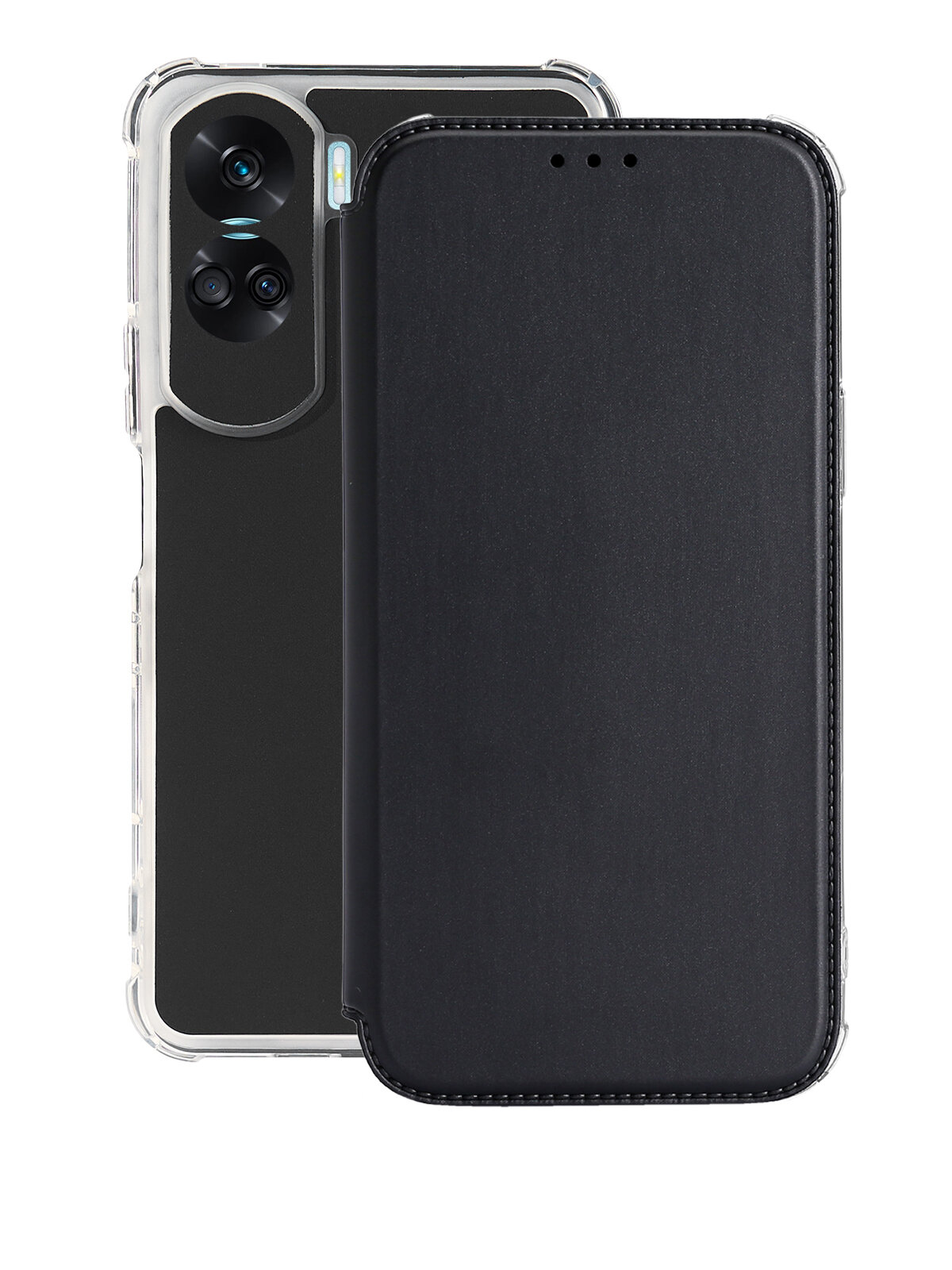 Противоударный чехол-книжка для Honor 90 lite, усиленные углы, черный