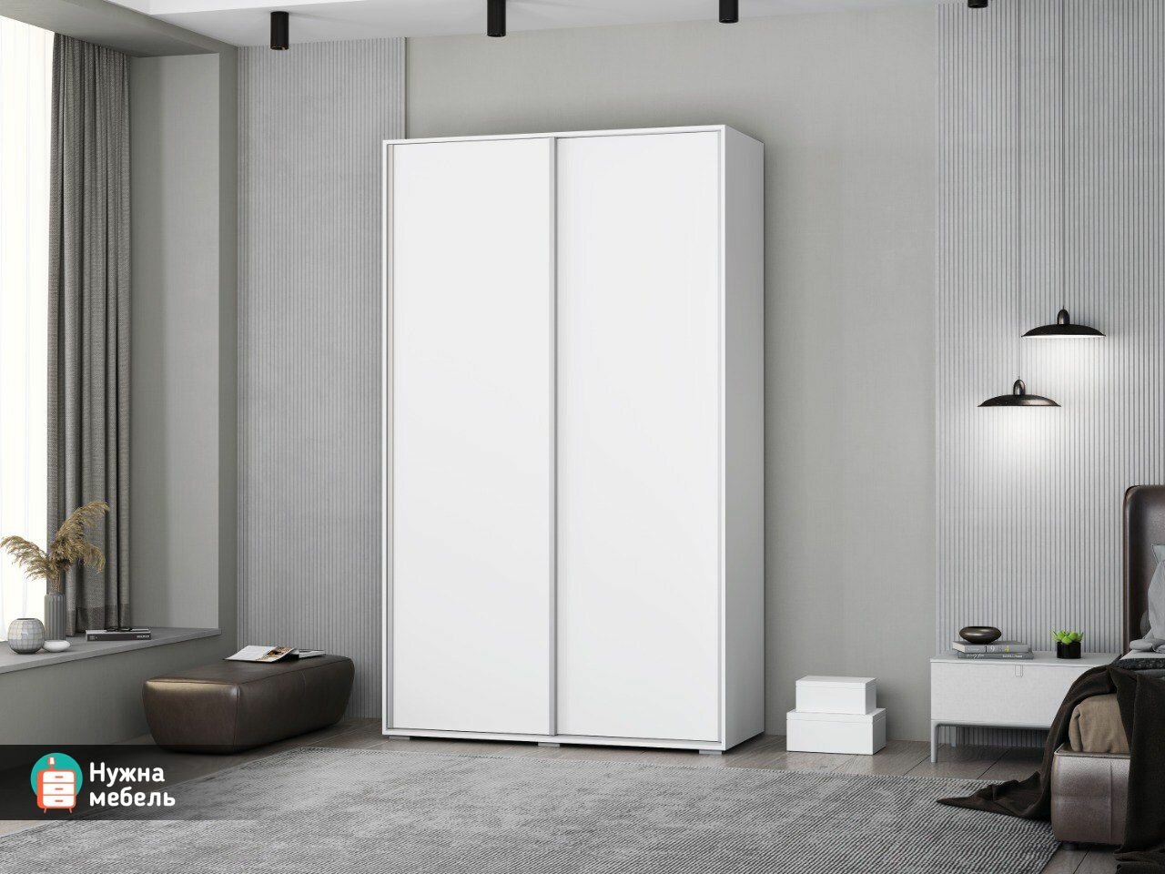 Шкаф-купе для одежды без зеркал двухстворчатый, Модель Бакс 49 с полками и продольной штангой, Белого цвета, Мебель в спальню, прихожую и гостиную