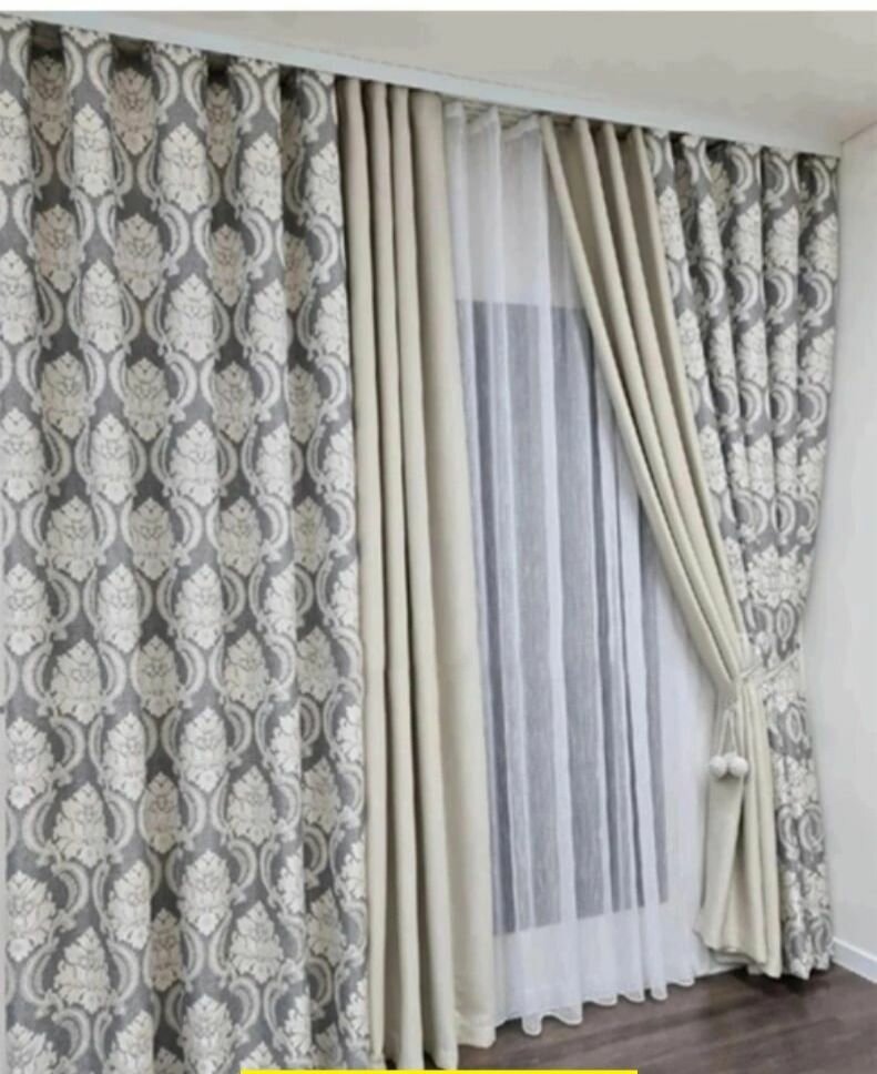 Шторы комбинированные, искусственный лен, непрозрачные, рогожка, серые, 300x275 см