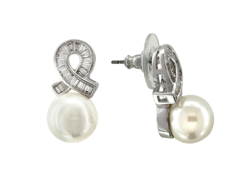 Серьги пусеты, сталь, фианит, жемчуг имитация