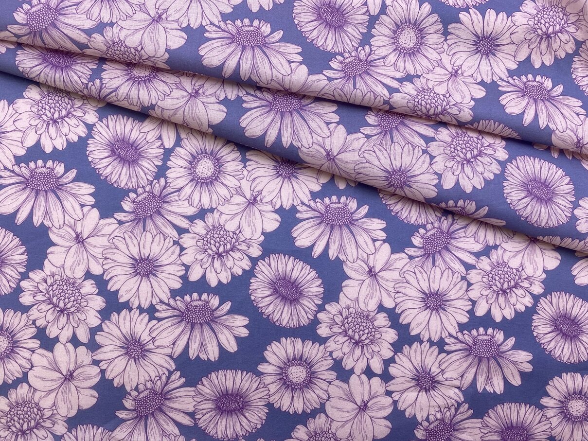 Ткань Батист голубого цвета с принтом розовые ромашки 16812