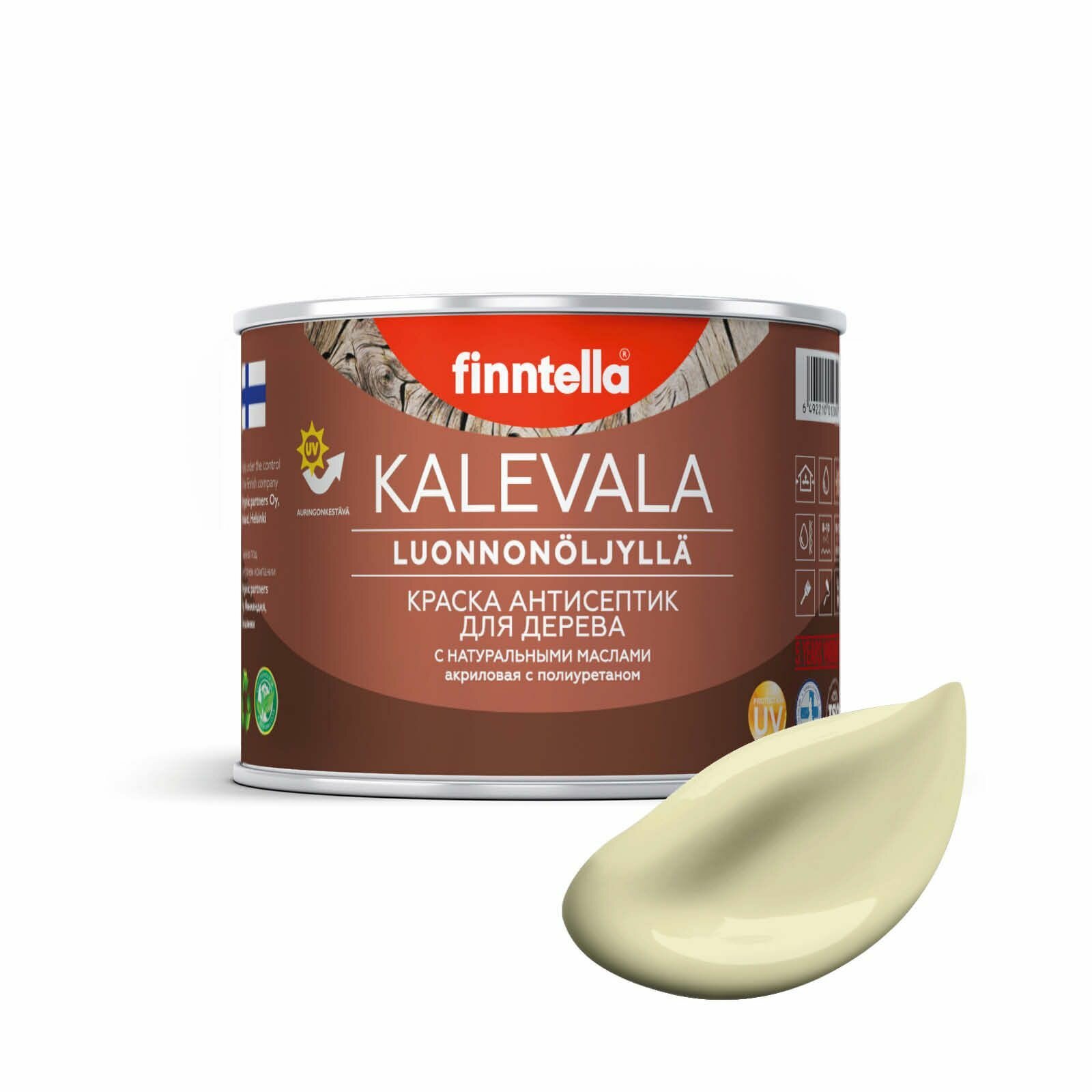 Краска для дерева и деревянных фасадов FINNTELLA KALEVALA, с натуральным маслом и полиуретаном, цвет COCKTAIL (Жемчужно-белый) , 0,45л