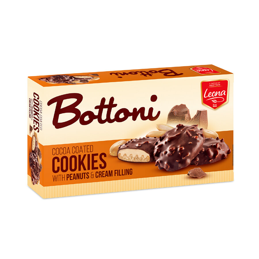 Печенье Leona "Bottoni" с кремовой начинкой, покрытое шоколадом и арахисом, 120г