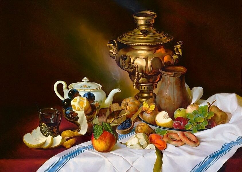 Алмазная мозаика на подрамнике / Картина стразами "Натюрморт с самоваром" 40х50 , сложность 5, цветов 24, Komas