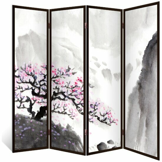 Ширма перегородка Декор Депо для комнаты деревянная "Утро Тибета и Китая" двухсторонняя с картинкой (природа) 4 створки венге 176х185 см 14 кг