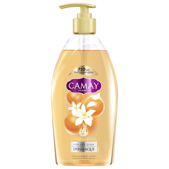 CAMAY Dinamique гель для душа 750мл с дозатором, ароматный уход за кожей, мягкое увлажнение