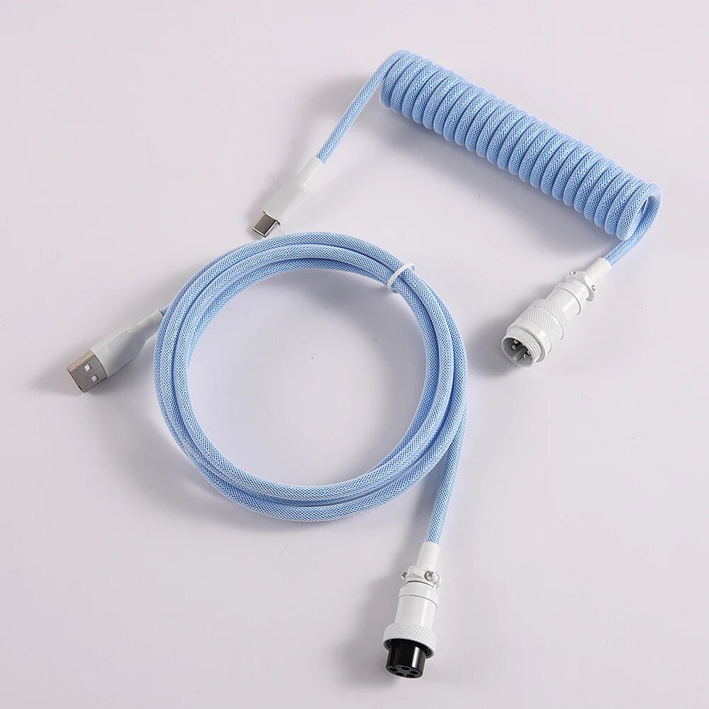 Лано спиральный USB-C кабель для механической клавиатуры Blue white