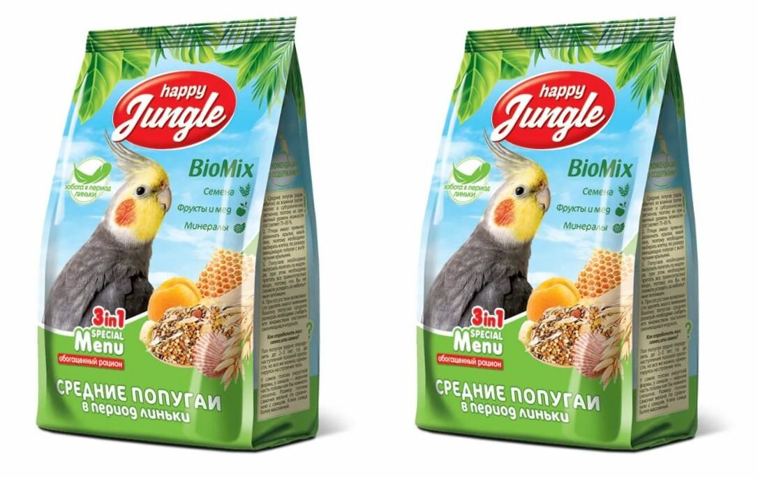 Happy Jungle Корм сухой для средних попугаев при линьке, 500 г, 2 шт