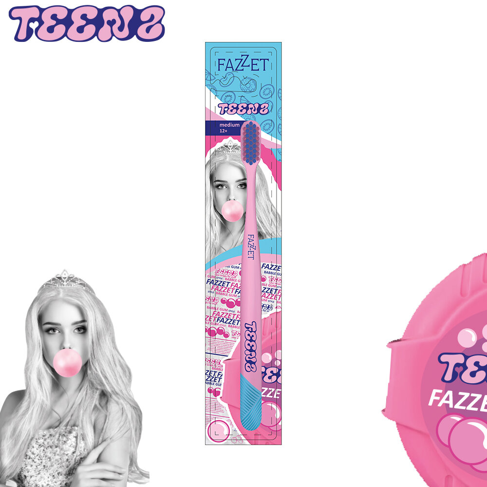 Зубная щетка для подростков Fazzet TEENS Bubble Gum, с 10 лет, средняя жёсткость