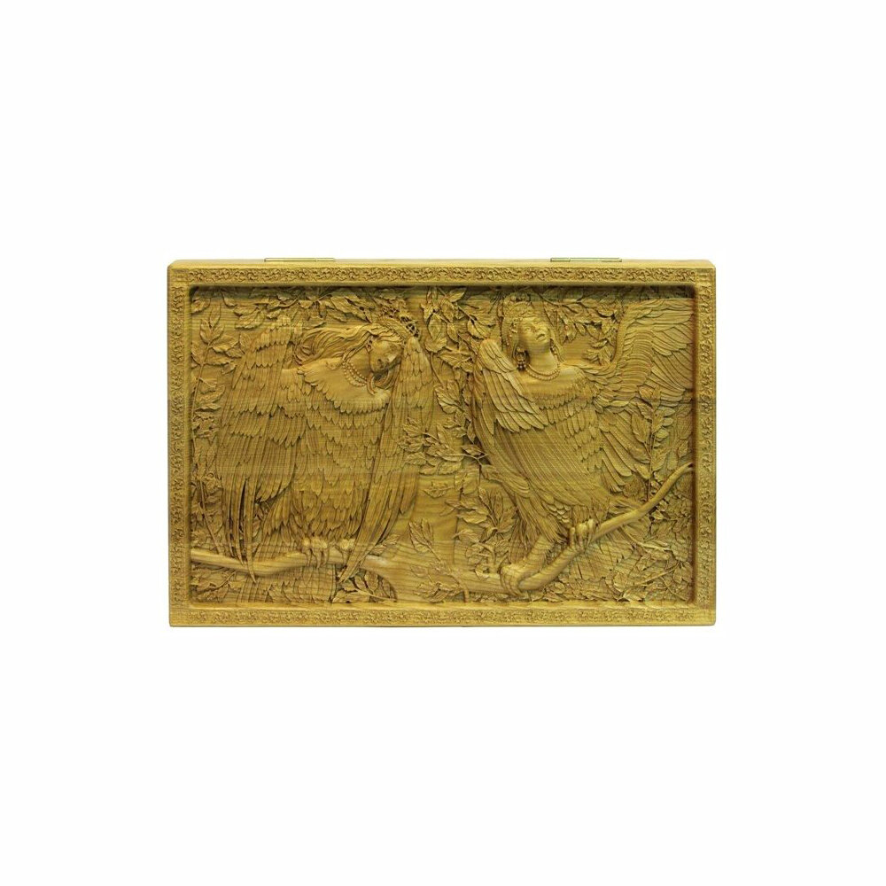 Резные объемные нарды+шашки дорожного размера из массива мореного ясеня Сирин и Алконост. Песнь радости и печали 36*46 см 999-52-24