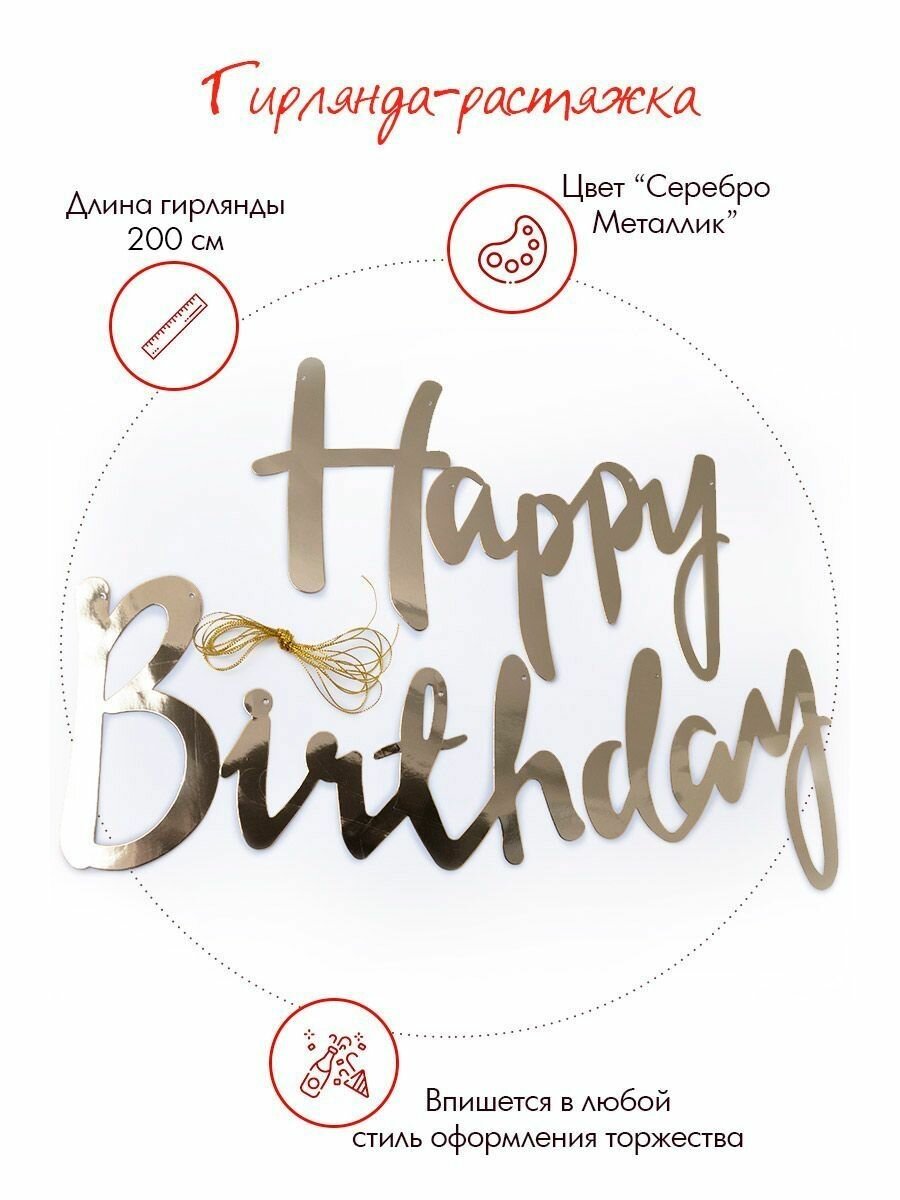 Гирлянда Happy Birthday (курсив), Серебро, Металлик, 500 см, 1 упак.