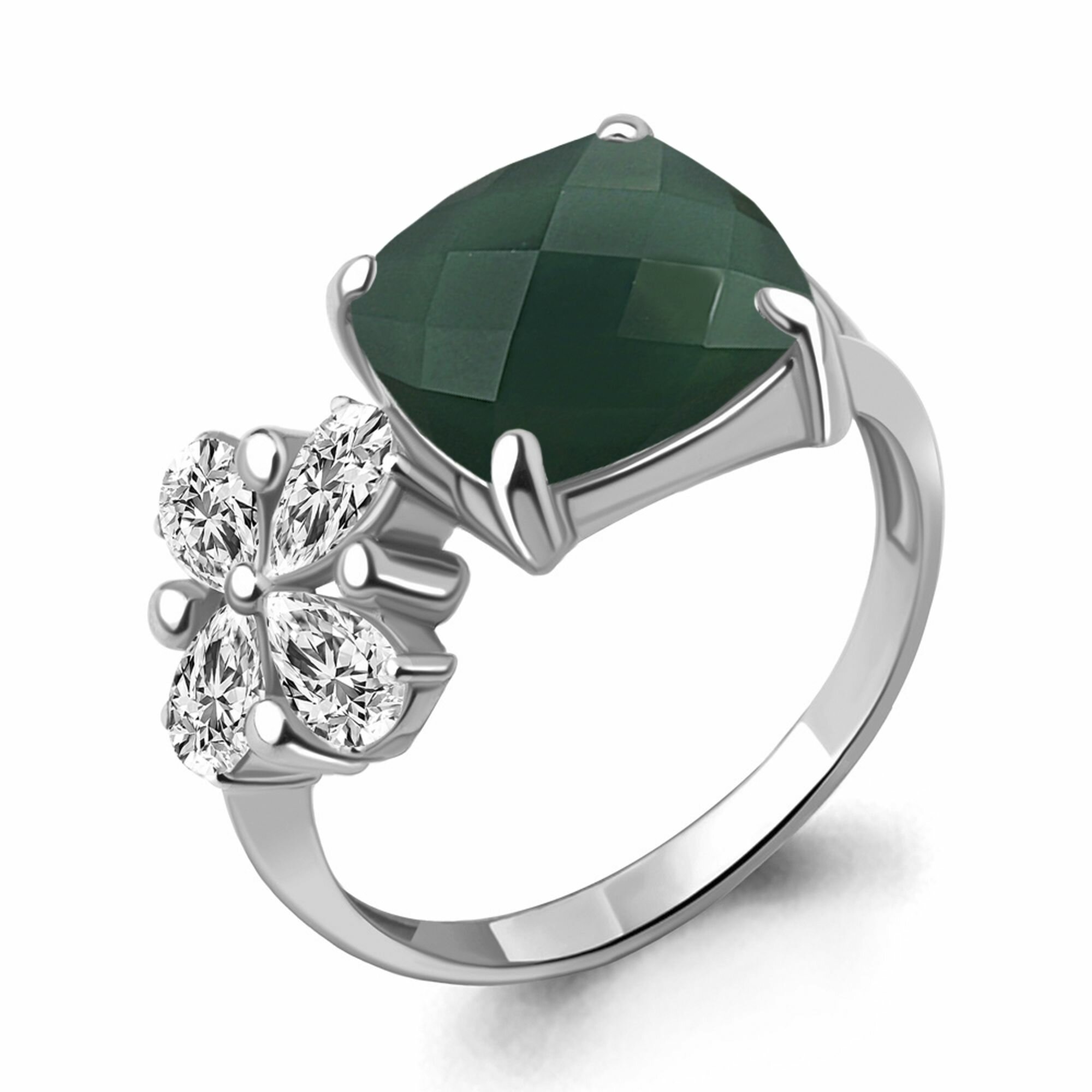 Кольцо, серебро, 925 проба, родирование, агат, фианит