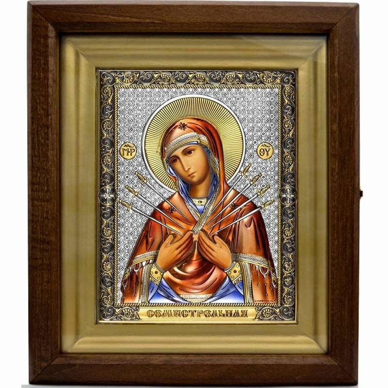 Икона Семистрельной Божией Матери в серебряном окладе. 14 18 см. (14 х 18 см / 21 х 25 х 6 см / В серебряном окладе с цветным лаком в киоте под стеклом)