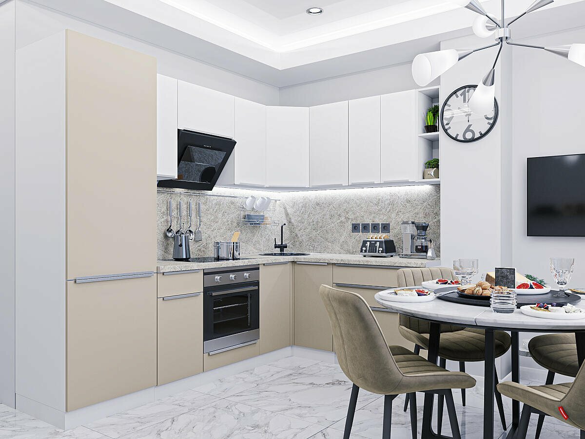 Кухня Фьюжн-04, цвет фасада Cream Silk/Silky White, цвет каркаса Белый, 2140*2500/1800*600 мм