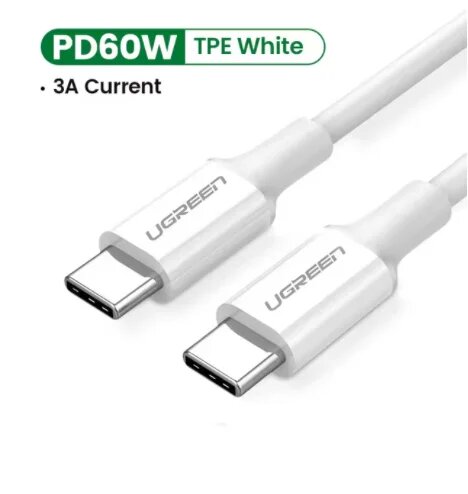 Ugreen USB C кабель PD 60W, 3A, 25см, белый