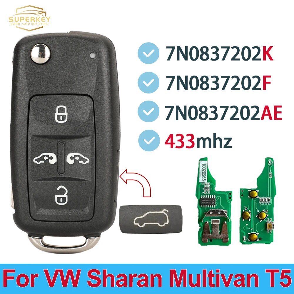 7Н 0837202 K/F/AE для VW Volkswagen Sharan Multivan T5 Caravelle, 5 кнопок, спросите 433 МГц ID48, брелок с дистанционным откидным ключом 7N 0837202 Ф