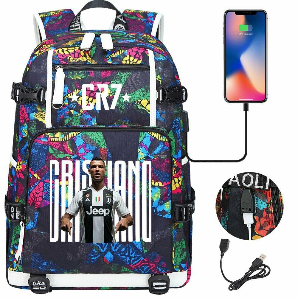 Рюкзак школьный Football Cristiano Ronaldo USB с зарядкой для ноутбука и путешествий