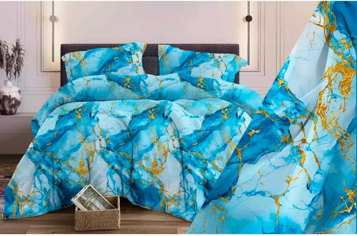 Комплект постельного белья Синий мрамор, 100% хлопок, Размер- евро, Производство РФ
