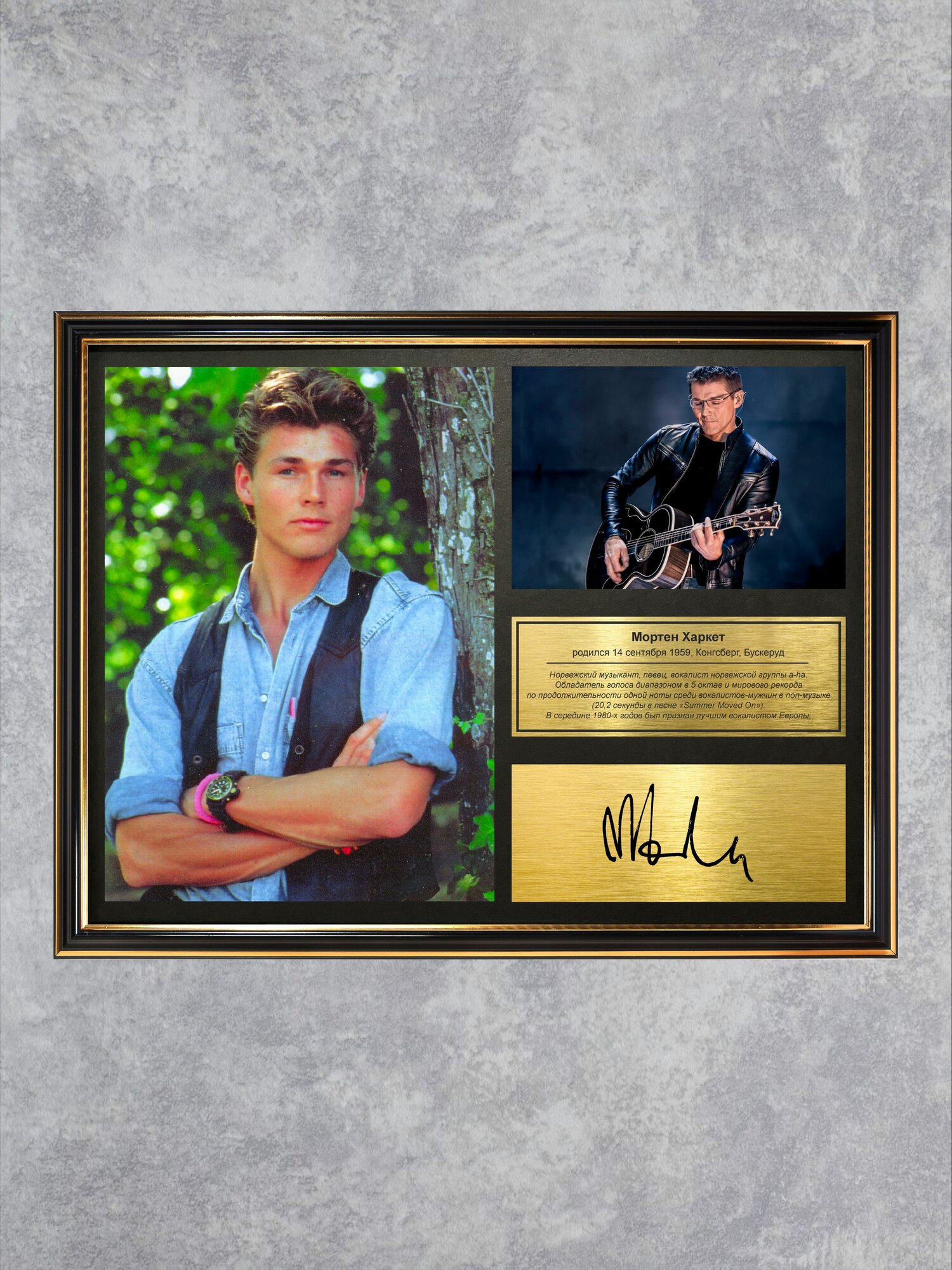 Золотистая картина с металлическими табличками a-ha