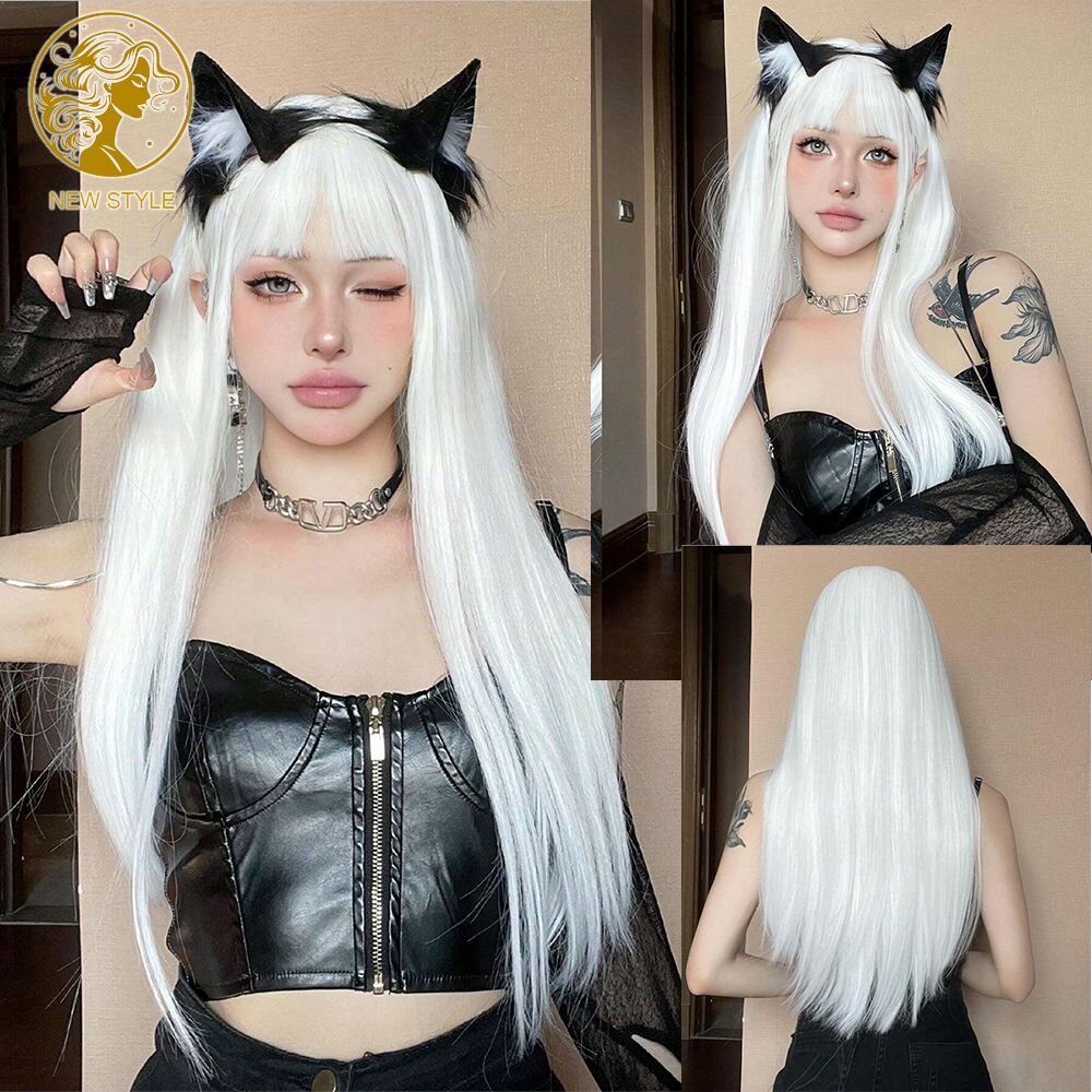 Женский белый длинный прямой парик с челкой