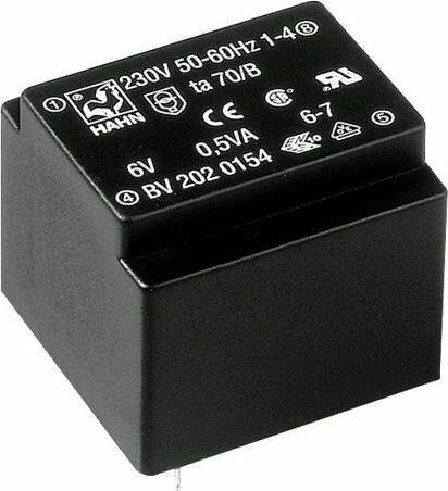 Трансформатор HAHN BV2020160 залитый 0,5ВА 230ВAC 12В 12В 21мА 21мА 35г 1 шт