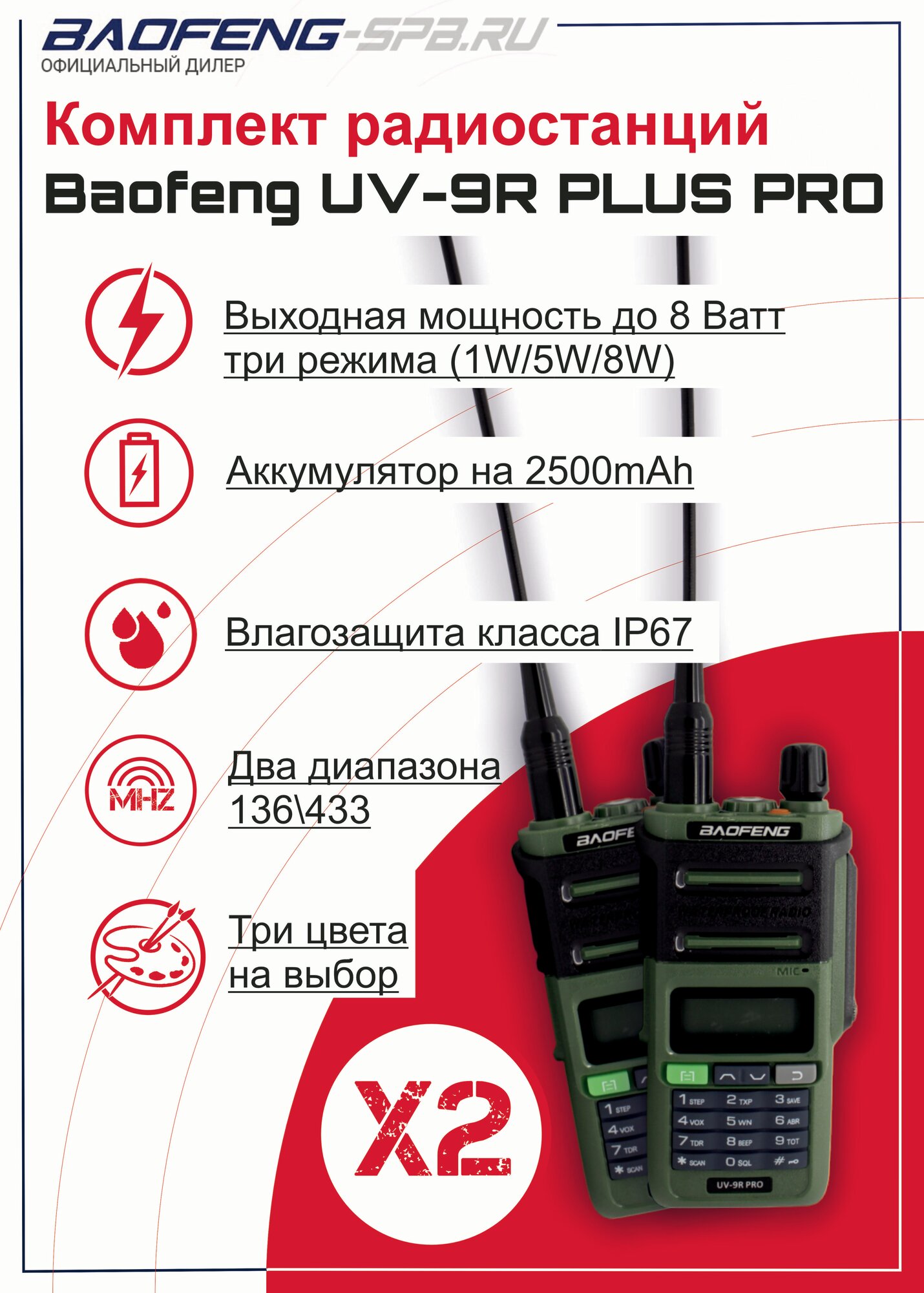 Комплект Раций Baofeng UV-9R PLUS PRO зеленые влагозащита IP67