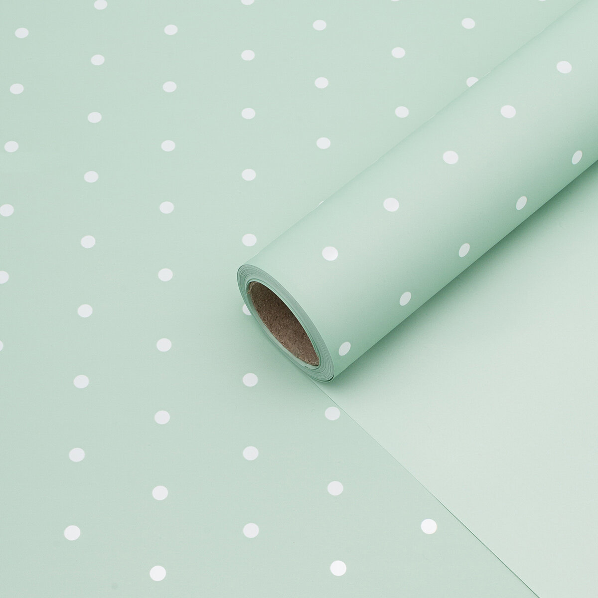Пленка упаковочная для цветов и подарков Айрис 'Точки', 65 мкр, 58см*10м (VH2551 пастельно-зеленый с белыми точками)