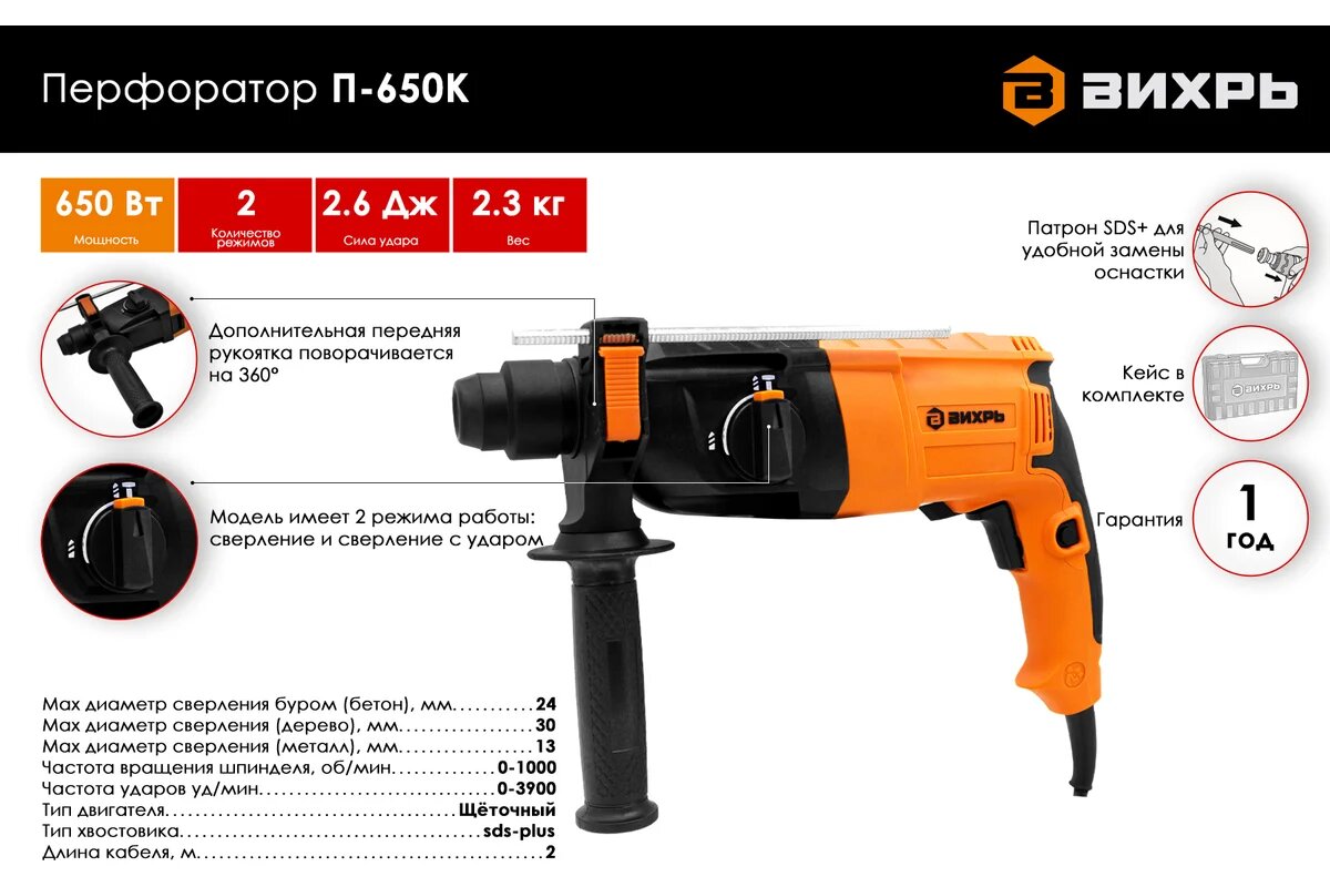 Перфоратор Вихрь П-650к, SDS-Plus, мощность 650 Вт, оранжевый