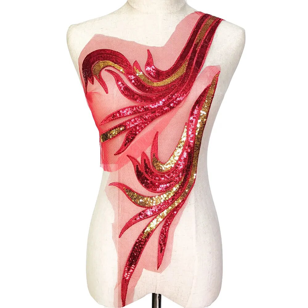 Вышитая аппликация с блестками и цветами, широкая кружевная сетка, ткань с Красный, 20x70cm Red