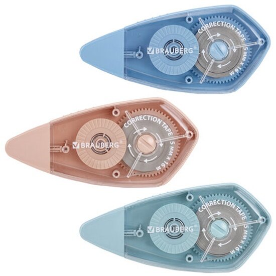 Корректирующая лента Brauberg REWIND, 5 мм х 16 м, выгодная упаковка 3 штуки в блистере, механизм перемотки, 272491