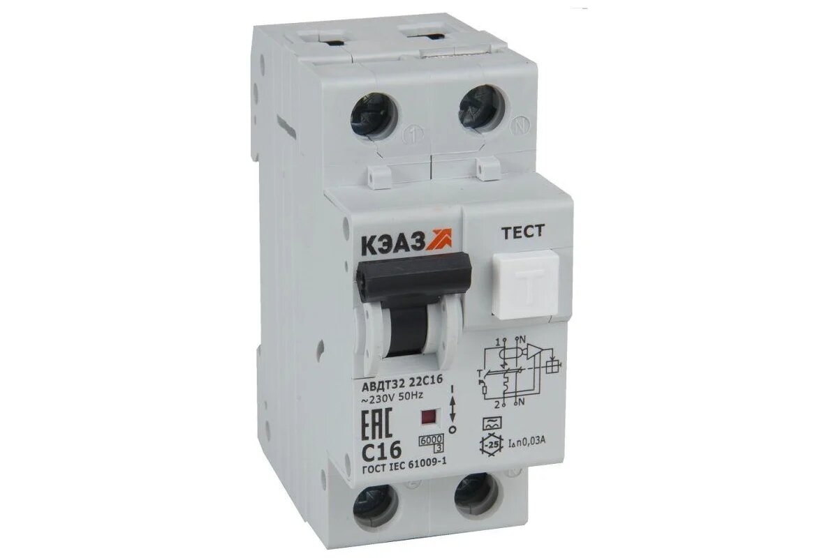 КЭАЗ АВДТ32-22C16 A 2п 16А 30мА Тип A 6кА УХЛ4 для домашнего и промышленного щитка