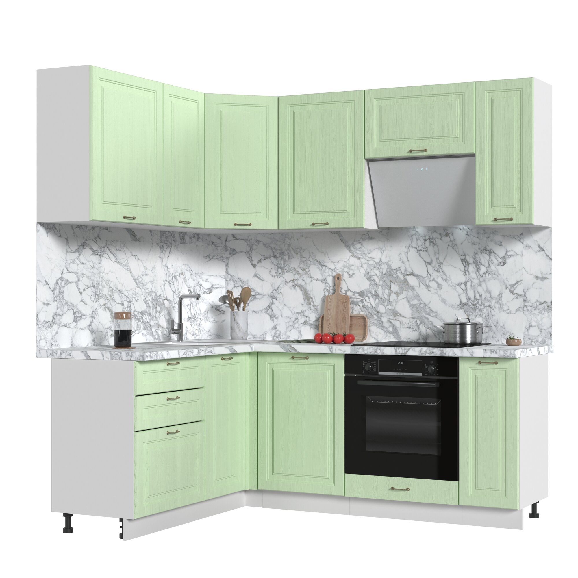 Кухонный гарнитур угловой, столешница Мрамор Итальянский 26мм, Кухня Франция 160х200см Белый/Оливковый Дуб фактурный