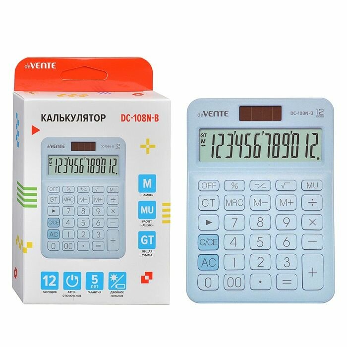 Калькулятор настольный deVENTE DC-108N-B, 98х136х31 мм, 12 разрядный голубой (4031350)