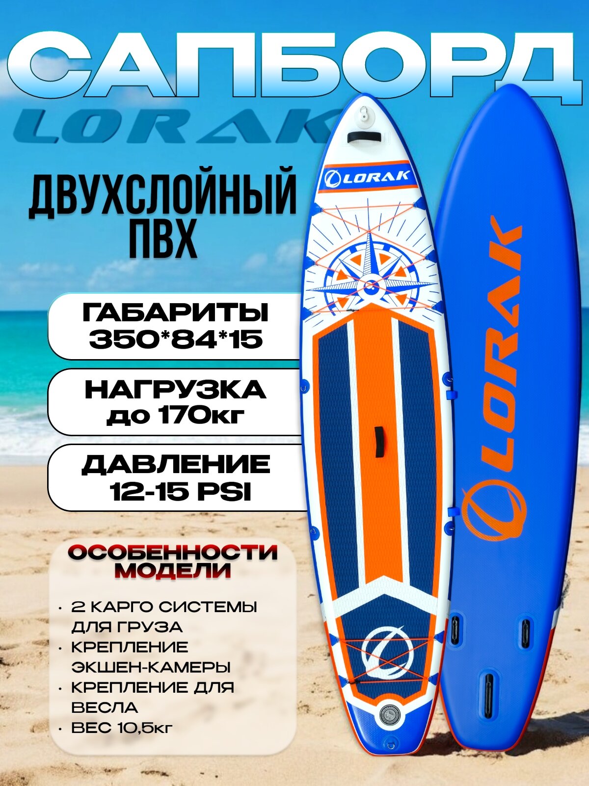 Сапборд Lorak 912, цвет синий, с рюкзаком, размер 350x84x15 см