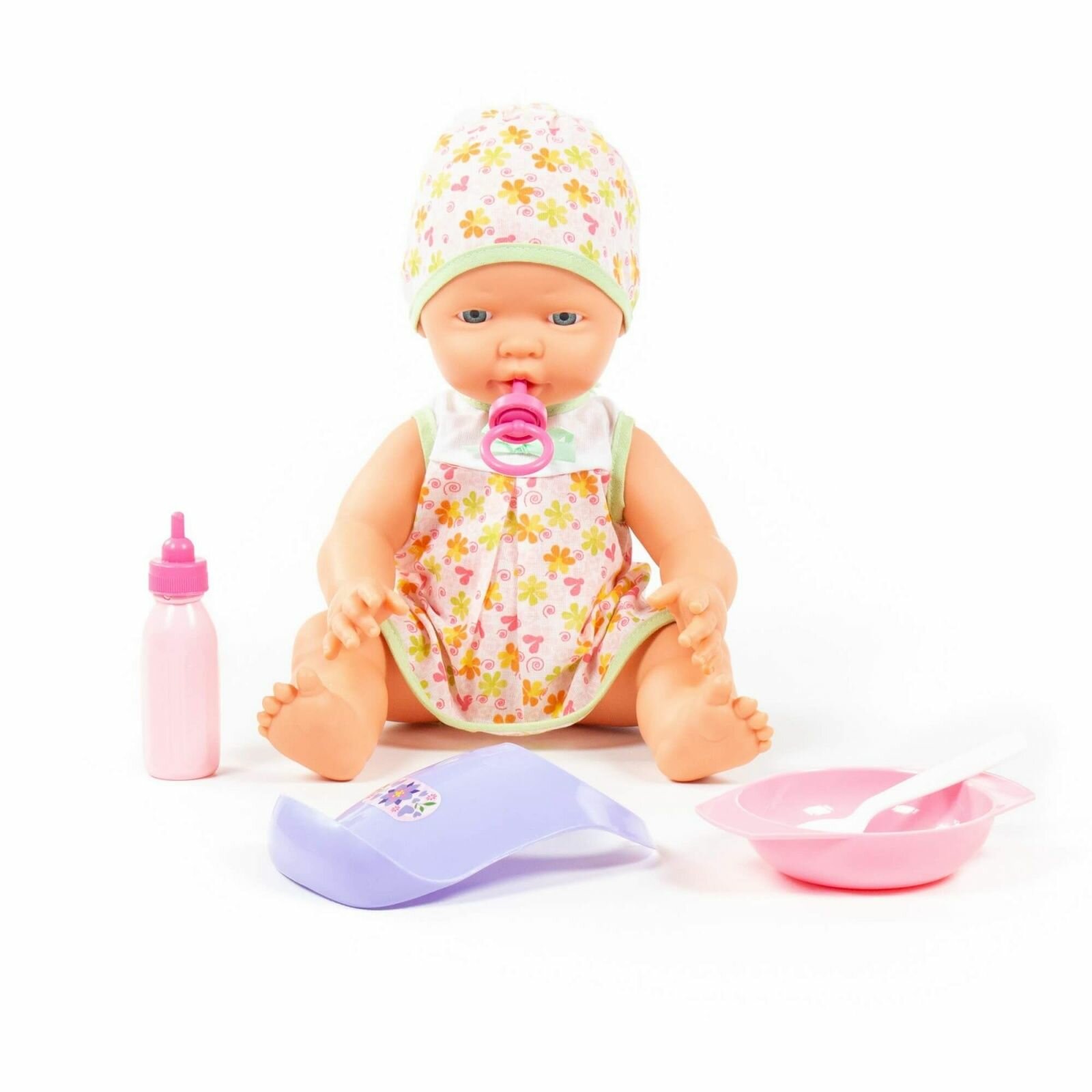 Пупс Полесье Веселый (35 см) с соской, набор для кормления (4 элемента) в коробке (78377)