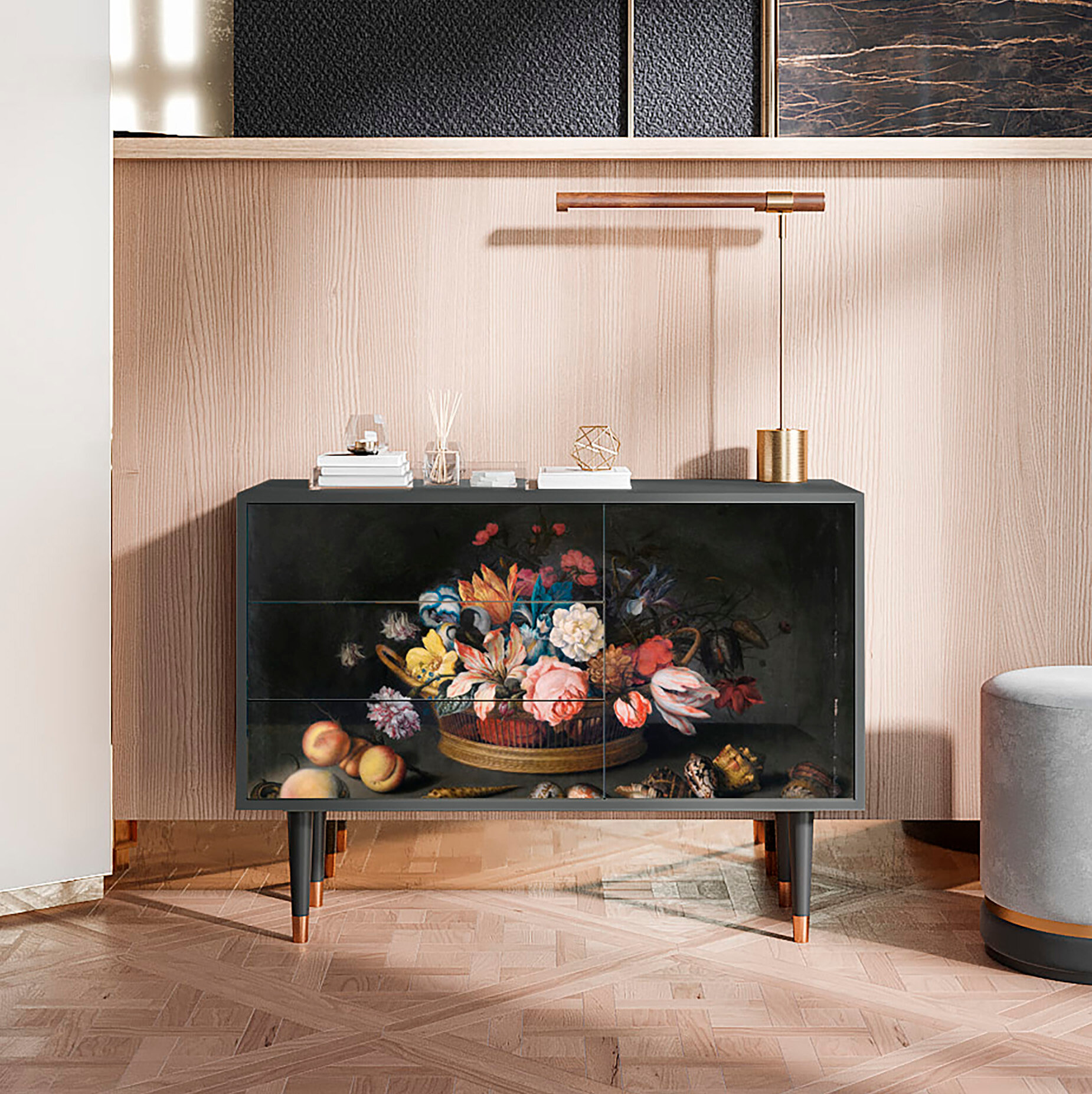 Комод - STORYZ - S3 Still Life with Flowers and Shells by Balthasar van der Ast , Размер - 115 x 84 x 41 см, Цвет корпуса - , Антрацит