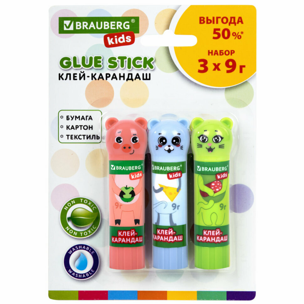 Клей-карандаш "Зверята: кошка, мышка, хрюшка", 9 г, фигурный колпачок, 3 шт./блистер, BRAUBERG KIDS, 271141, 271141