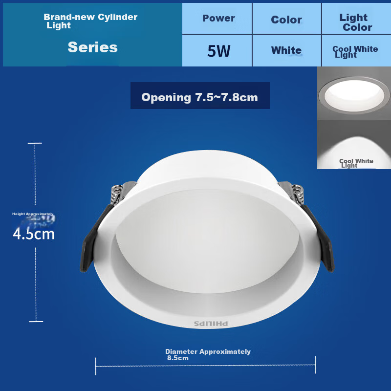 Philips Recessed LED Downlight for Living Room Ceiling, Full Metal Anti-Glare Hallway Light, 5W, 75-78mm, 6500K