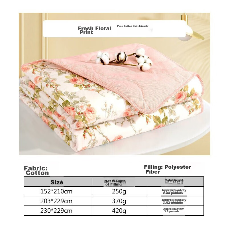 Fuanna Xiyan Pure Cotton Fabric Air Conditioning Quilt, Heating Quilt Fiber Quilt, Double Quilt, 3 Jin, 203*229cm, Pink