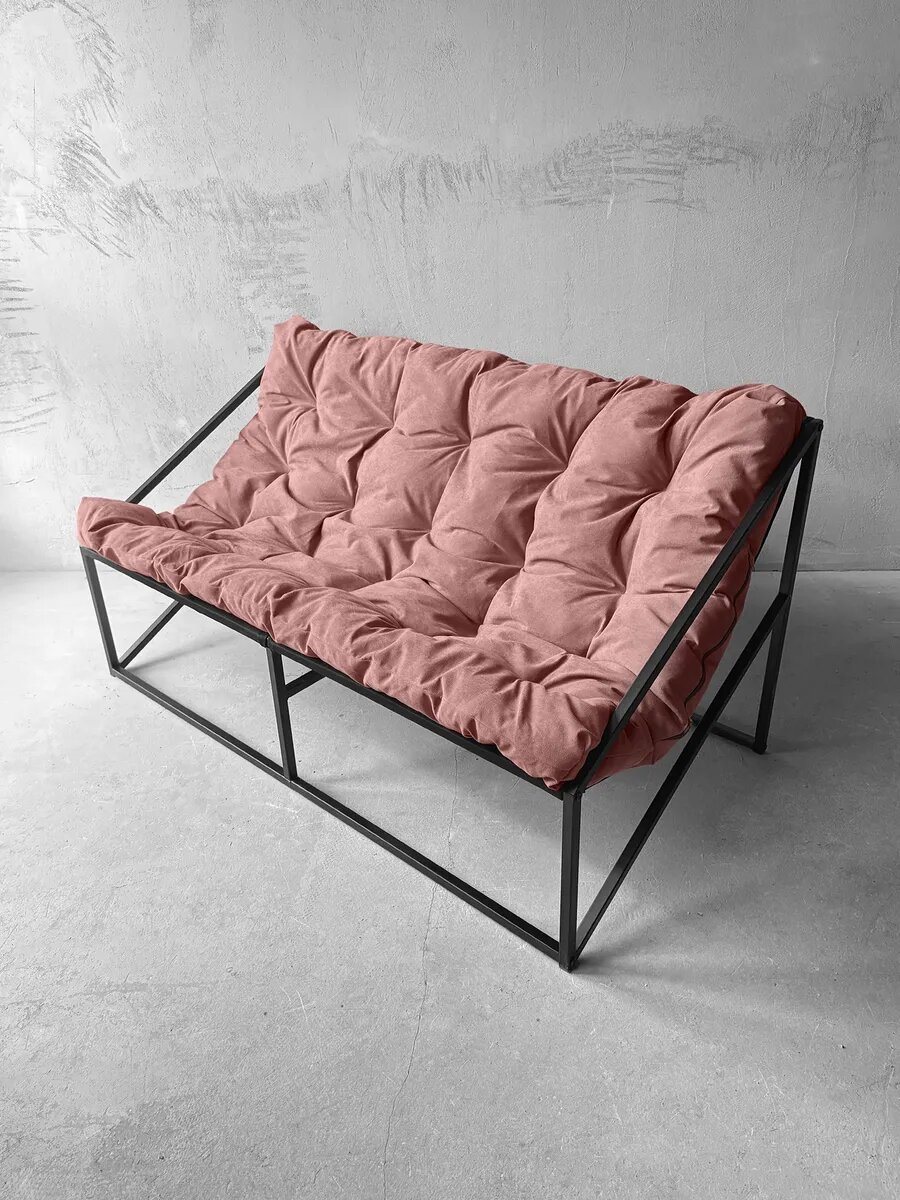 Диван лофт прямой, уличный, в офис, на балкон, на веранду, в гостинную, кухонный, минимализм, Слэш + велюр розовый