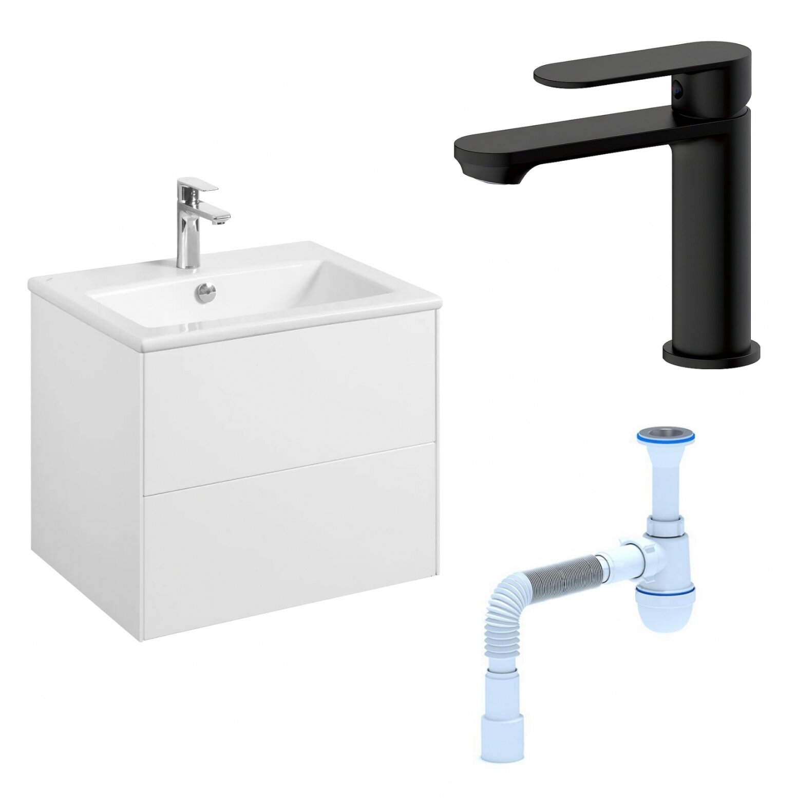 Комплект: Тумба с раковиной Акватон Сохо 60 белая + Смеситель Haiba HB10590-7 черный + Сифон АниПласт 492403+HB10590-7+C2015xrv