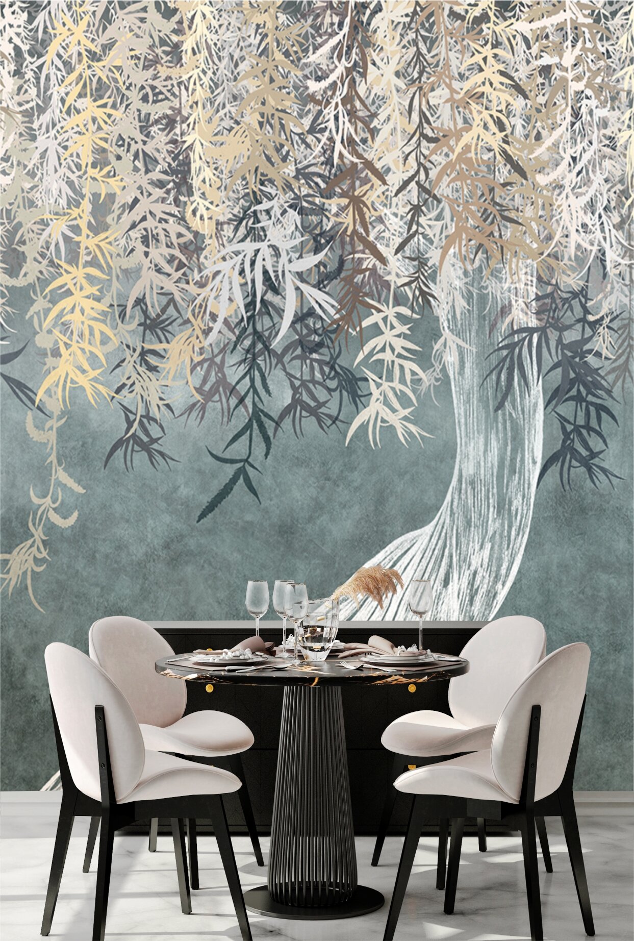 Фотообои на стену с деревом "Ива на серо-зеленом фоне" 200х270 см для спальни, гостиной, молодежные в стиле лофт, гранж