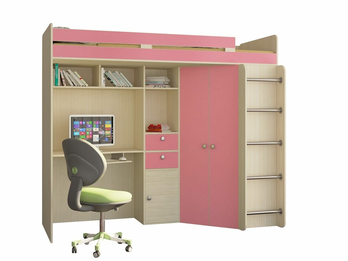 Кровать-чердак Астра, дуб молочный/розовый, 202х100х190, со шкафом для одежды и столом