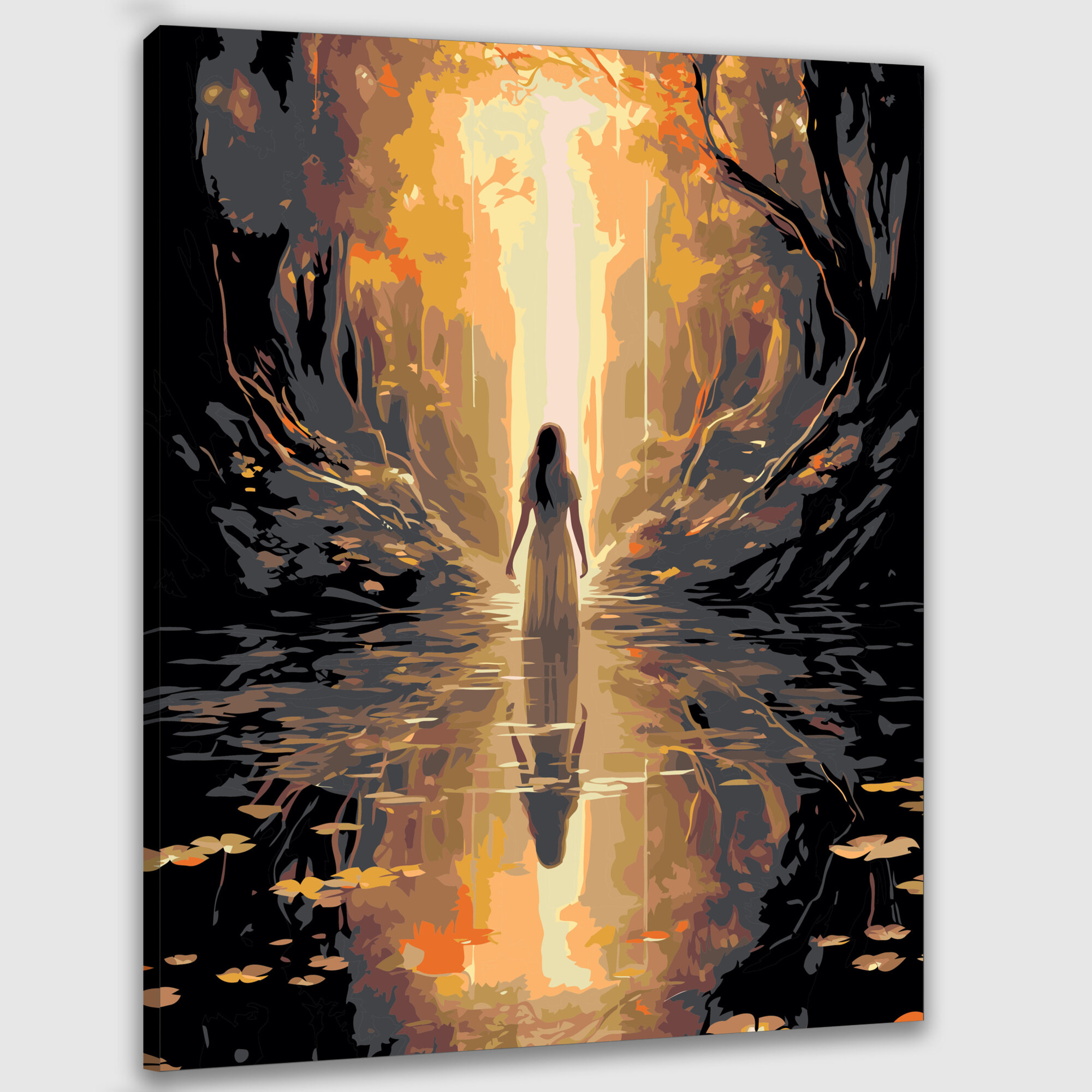 Картина по номерам 40x50 см, картина, искусство, смешанная техника, молодая девушка, платье, озеро, лес, отражение