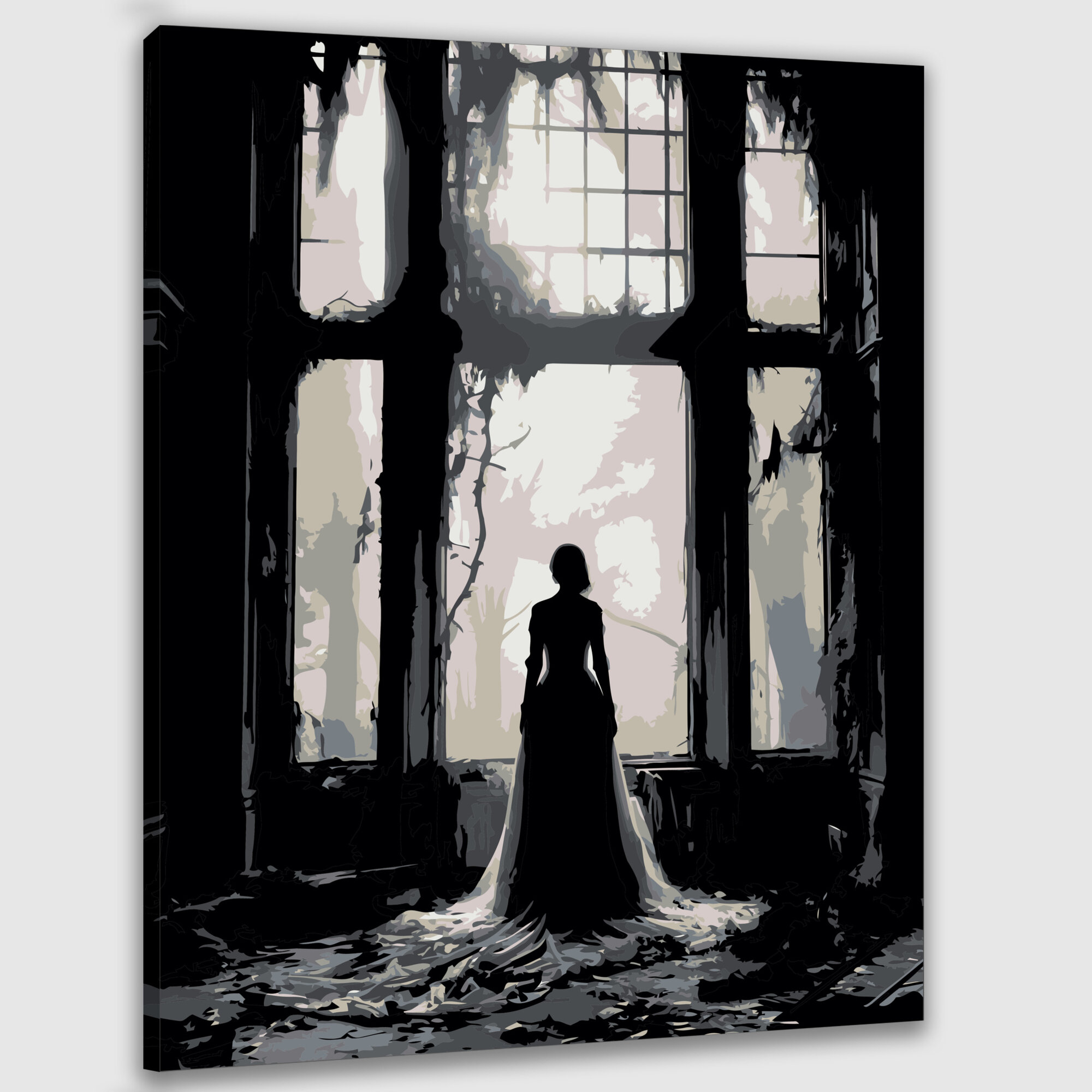 Картина по номерам 40x50 см, заброшенный особняк, черно-белая фотография, разрушающаяся красота, призрачная фигура