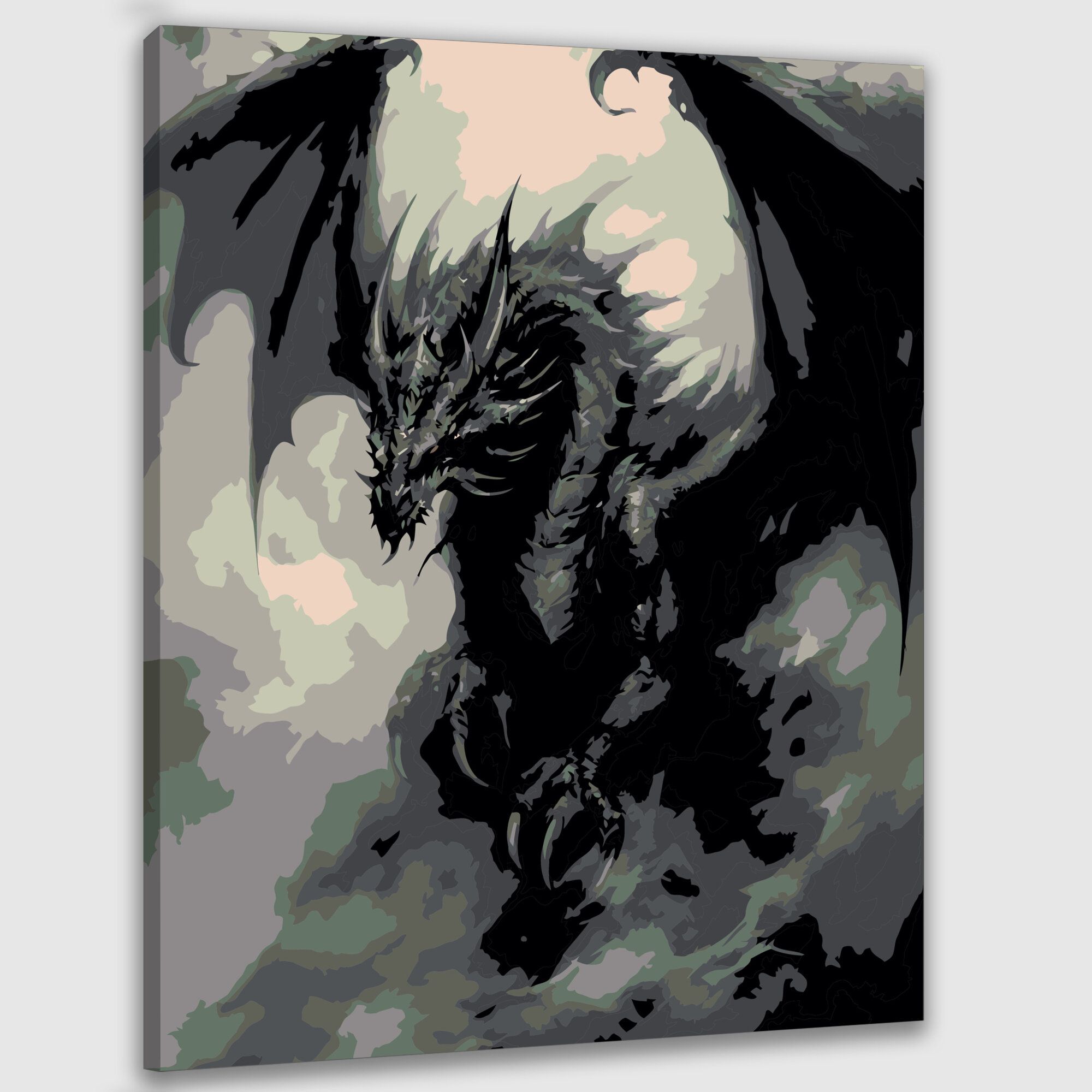 Картина по номерам 40x50 см, зеленый дракон, уголь, облака изумрудного дыма, взгляд, благоговение, опасность, крылья